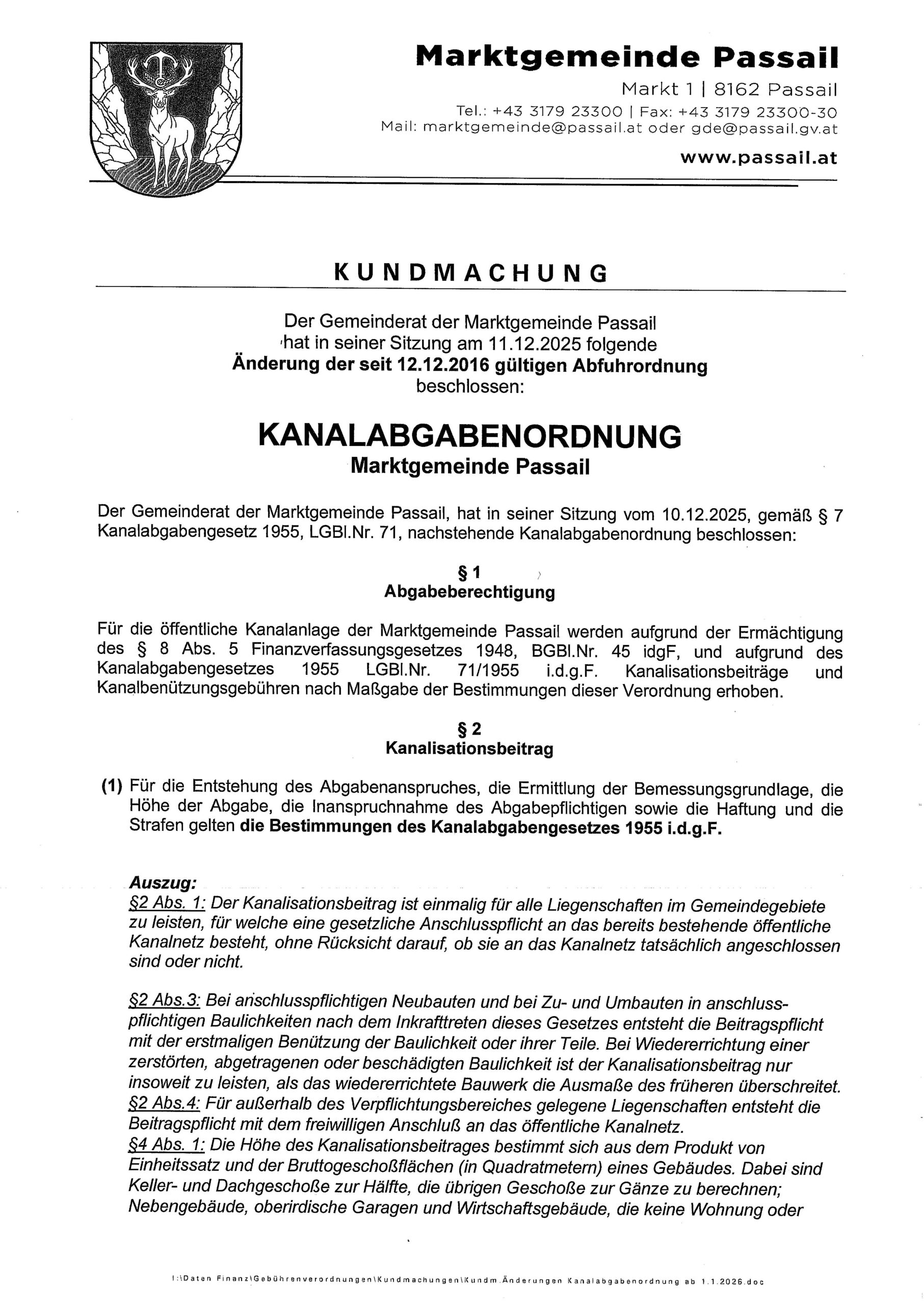Kundmachung Kanalabgabenordnung – Marktgemeinde Passail
