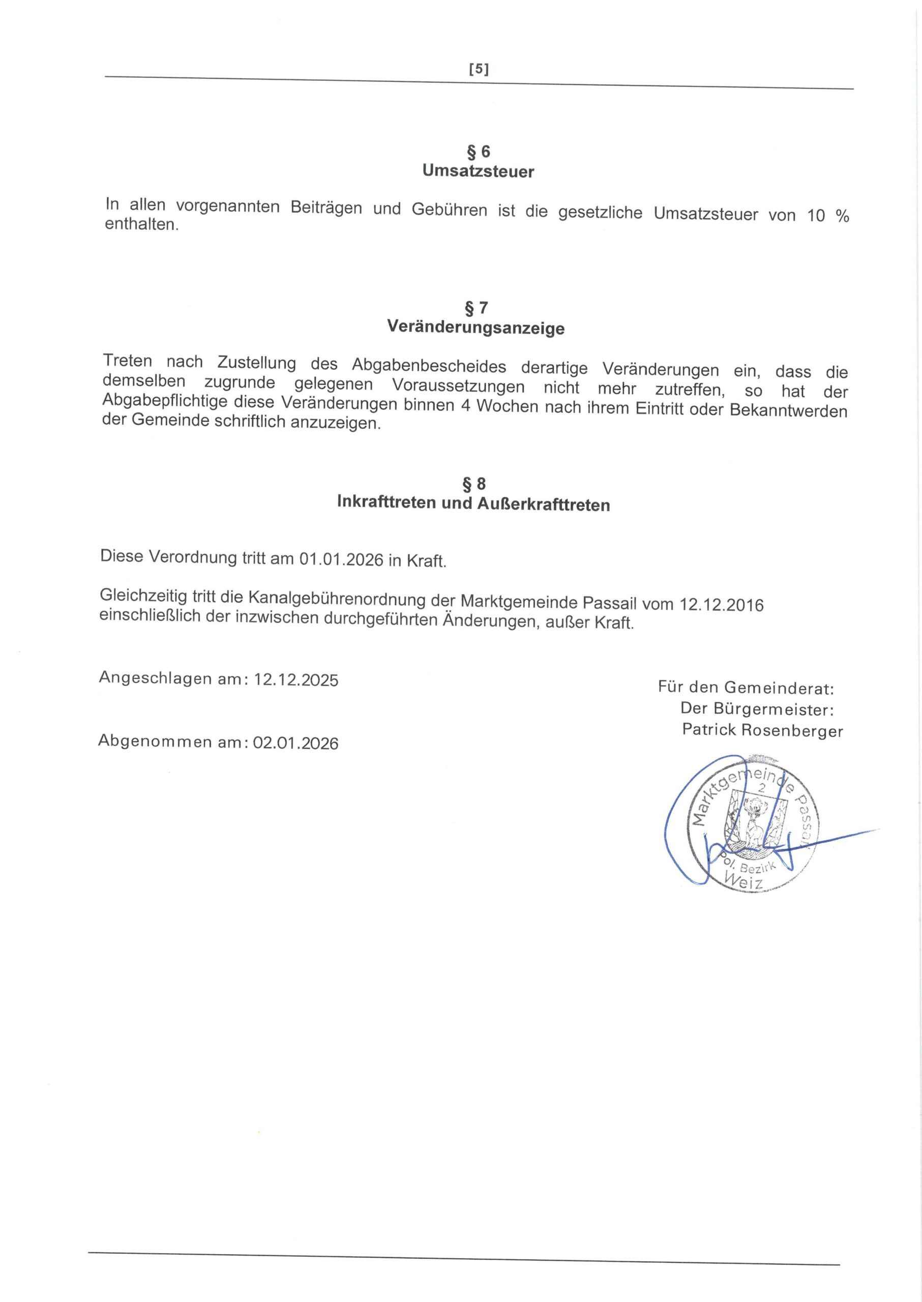 Kundmachung Kanalabgabenordnung – Marktgemeinde Passail